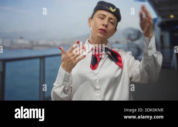 Woman fans air across face on cruise ship deck during midday heat while ...