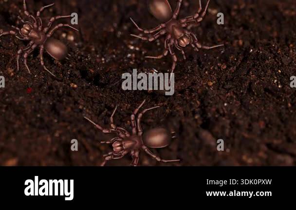 Multiple spiders move across a textured soil surface under dim lighting ...