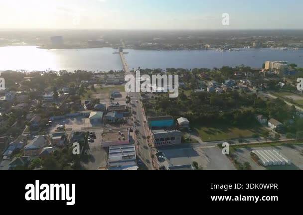 Aerial drone view of Daytona Beach Florida with river bridge ...