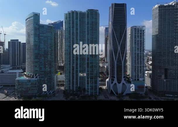 Aerial drone view of Miami downtown skyline with iconic high rise ...
