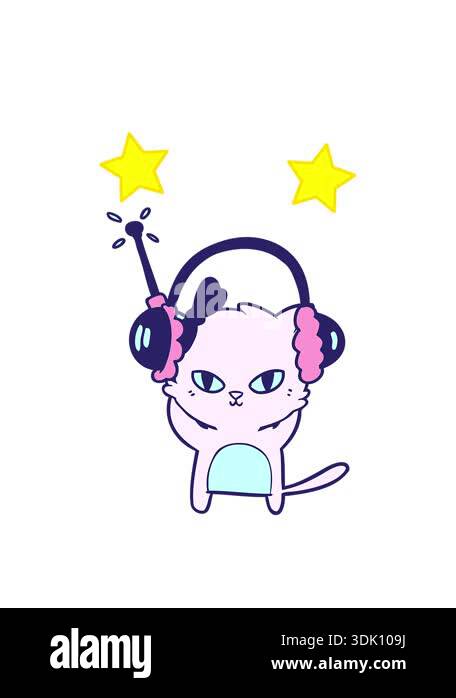 spinning stars animation of cute cartoon cat with head phones Stock ...