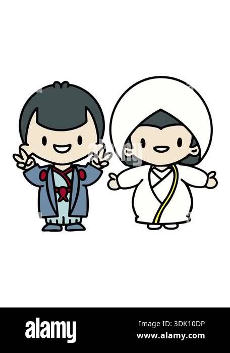 jiggle motion animation of Japanese man and woman in traditional ...