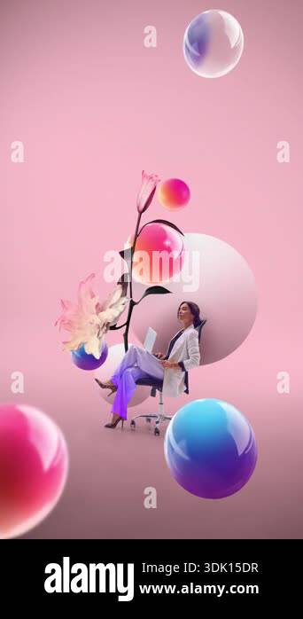 Animated ad. Woman working on laptop surrounded by abstract spheres and ...