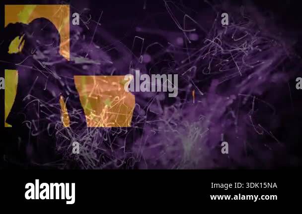 Purple particles initiating orange shards while three silhouettes ...