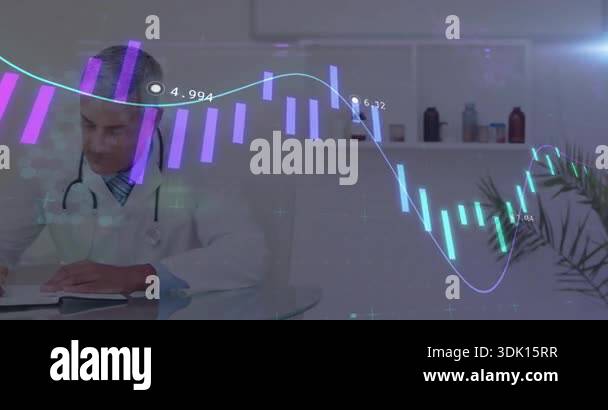 Doctor analyzing data writing on clipboard when animated charts pulsing ...