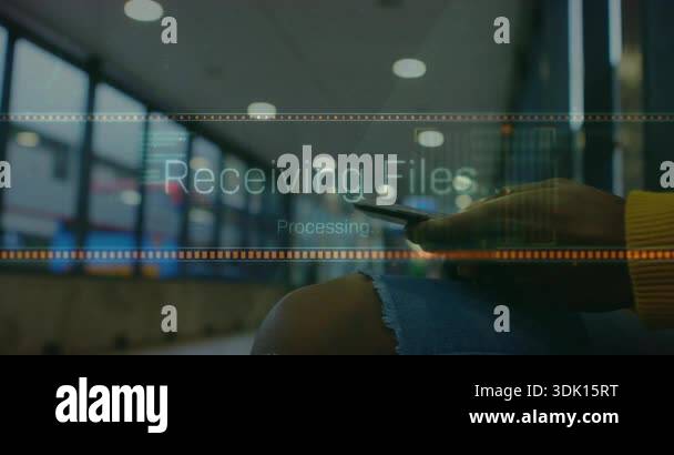 Seated woman upon tapping phone in tech space displaying file ...