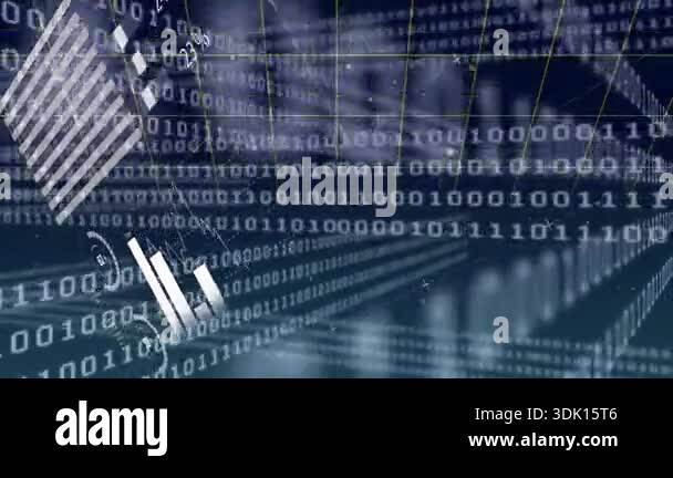 Binary code cascading over blue grid causing bars hexagons pies, panel ...