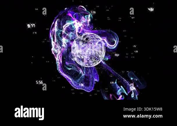 Black frame showing wireframe orb forming data points drifting and ...
