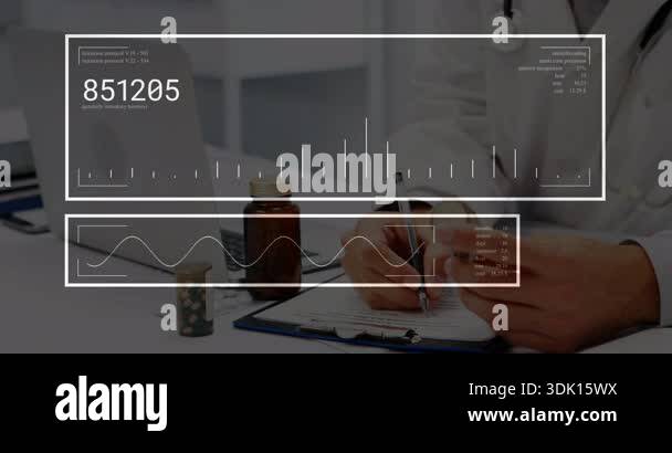 Medical professional monitoring animated data overlay, handling pills ...