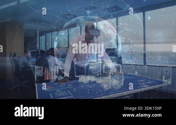 Engineer putting on VR headset creating holographic globe while ...