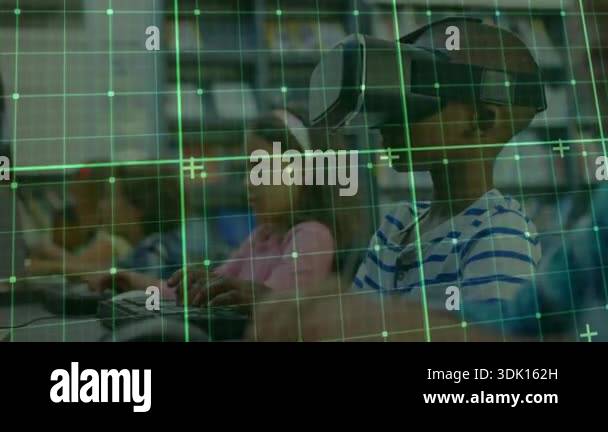 Children wearing VR headsets launching education scan while grid ...