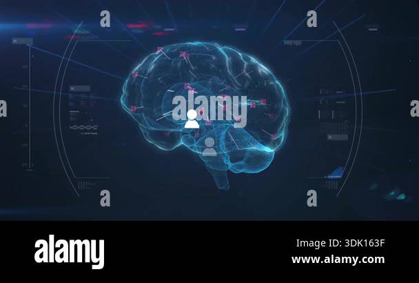 Upon pink data node sets appearing, neon-blue 3D brain mapping ...