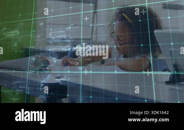 Girl lifting blue pencil to paper writing lines with animated grid ...