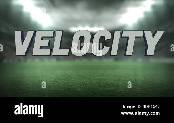 Zooming metallic 3D text VELOCITY after hold in floodlit stadium on ...