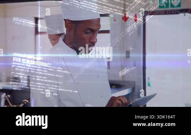Chef tapping tablet to track kitchen metrics while animated code and ...