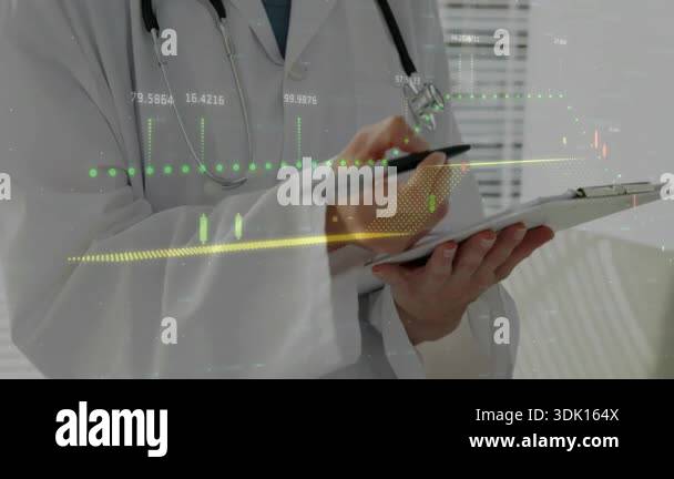 Medical doctor writing notes while dynamic data charts sweeping frame ...
