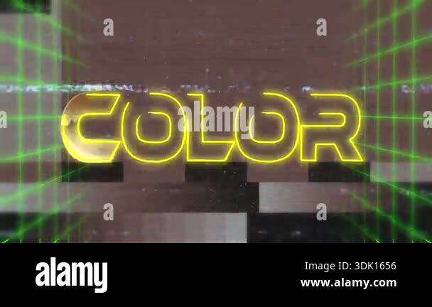 Assembling neon letters spelling COLOR in green grid, with glitch bars ...