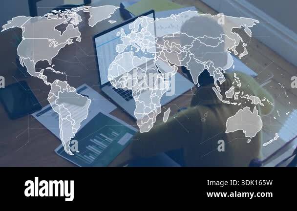 Woman scrolling laptop initiating fading world map overlay with hex ...