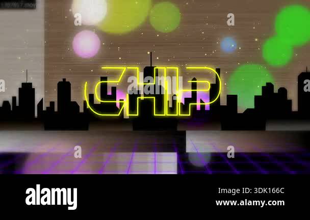 At one-second mark emerging neon text CHIP pulsing over skyline grid ...