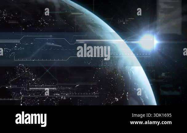 Sun emerging causing city lights fading, HUD animating on rotating ...