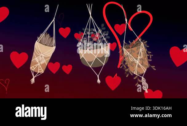 Opening dark gradient showing three macrame planters while hearts ...