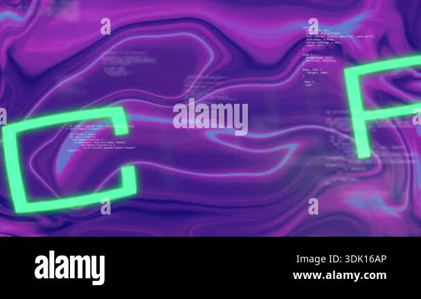 Opening scene showing purple fluid rippling white code, green pixels ...