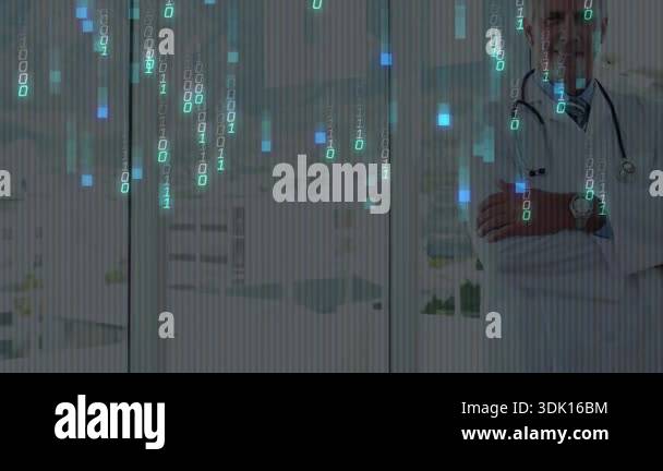 Binary code streaming across glass panels revealing doctor visualizing ...