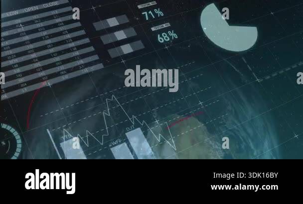 Holographic interface animating circular progress down, causing charts ...