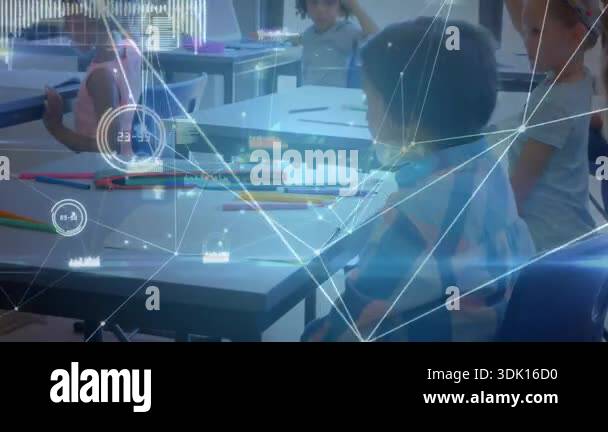 Girl in pink raising hand activating educational network graphics ...