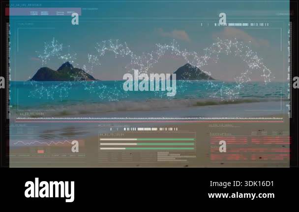 HUD overlay fading in over islands initiating particle network scanning ...