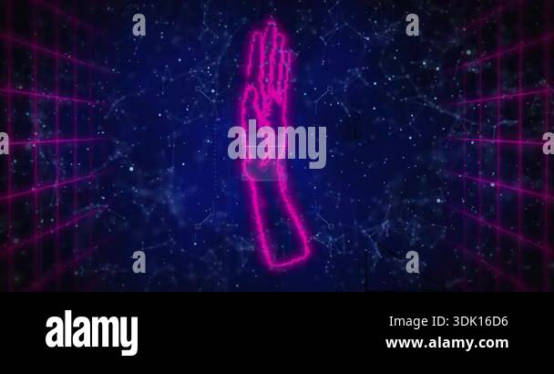 Neon hand outline appearing then rotating under scan frame while QR ...