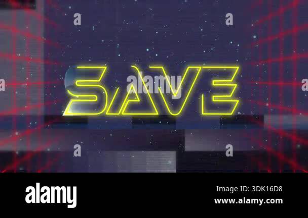 Glitching neon SAVE text forming inside red grid tunnel, drawing green ...