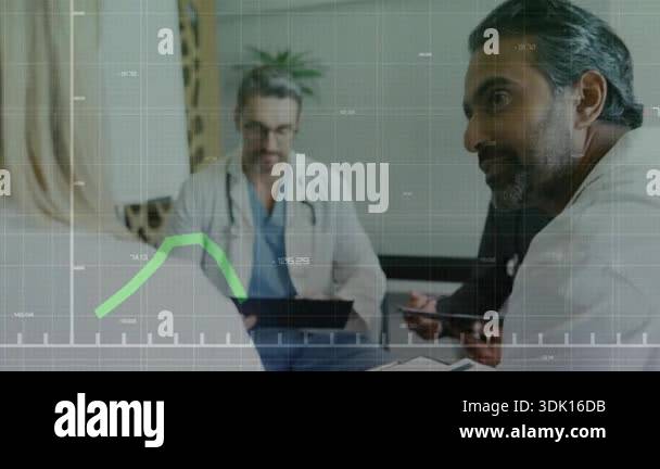 Bearded doctor pointing at green line graph sweeping over grid during ...