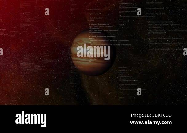 Rotating gas giant starting red glow pulsing while code overlay ...