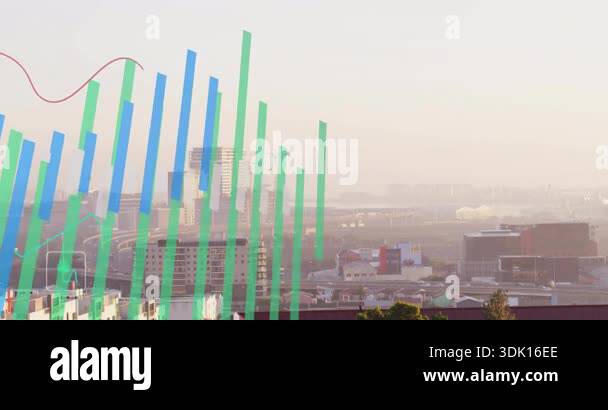 City skyline appearing green bars rising red curve sweeping icons ...
