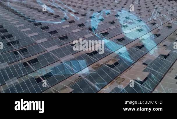 After one-second delay 3D globe rising over panels, rotating as lines ...