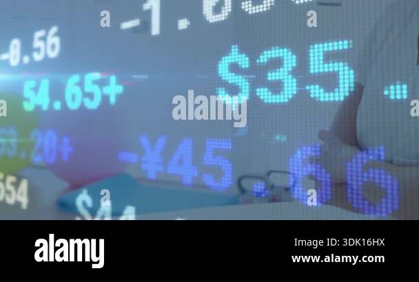 Live data streaming stock ticker while analyst reviewing data, smiling ...