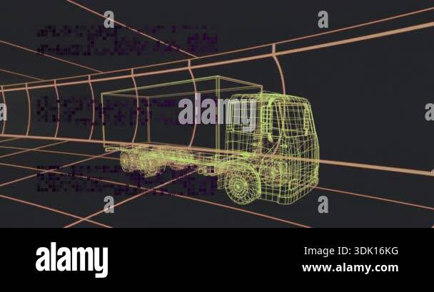 Upon start wireframe semi-trailer truck moving forward through neon ...