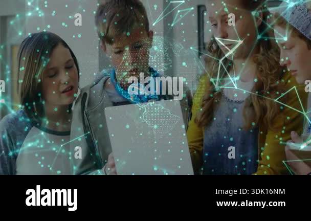 Child boy opening laptop and forming network overlay while peers ...