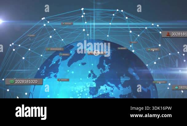 Lens flares opening 3D globe showing network nodes, labels animating ...