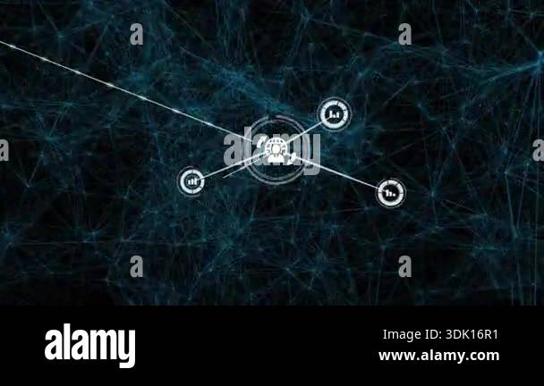 Upon central icon appearing, white network icons shooting lines and ...