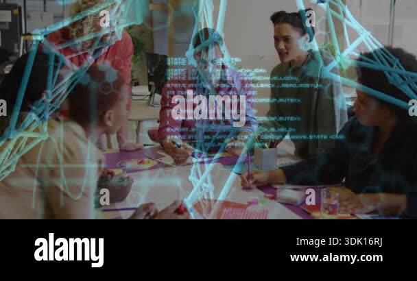 Colleagues laying diagrams activating holographic network, scrolling ...