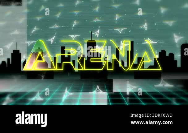 Neon ARENA logo animating at startup in arena, with cyan grid, skyline ...