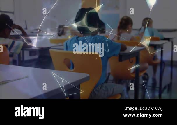 Education students writing, lines forming holographic globe while ...