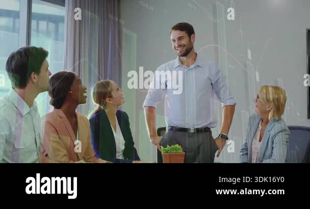 Man ending presentation triggers animated financial charts appearing on ...