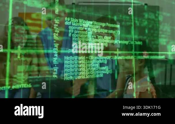 Teacher lifting tablet as code grid overlay shifts guiding children ...