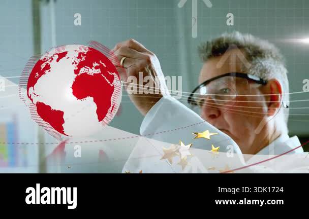 Senior scientist raising test tube, analyzing sample, globe animating ...