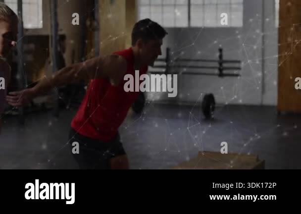 Fitness partners squatting initiating explosive jumps on plyometric box ...
