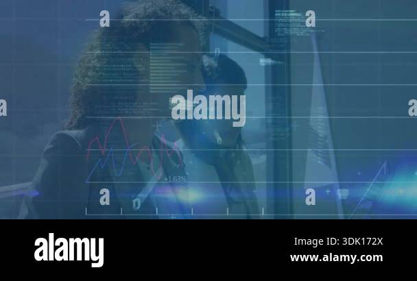 Business professionals reviewing animated finance graphs after tapping ...