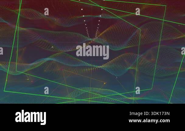 Rotating green wireframe geometry pulsing waves in virtual space ...